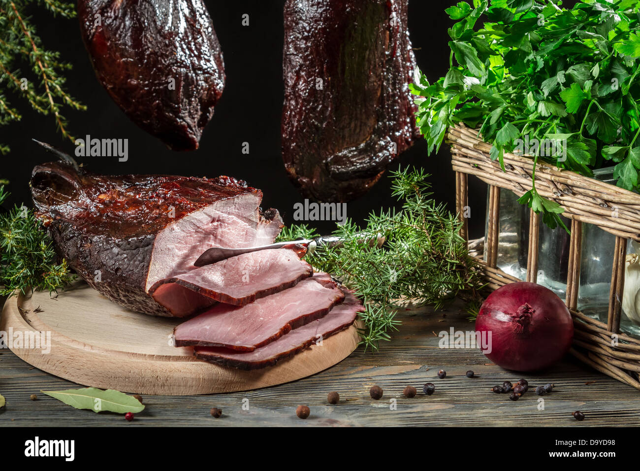 Freshly smoked ham in a rural pantry Stock Photo - Alamy