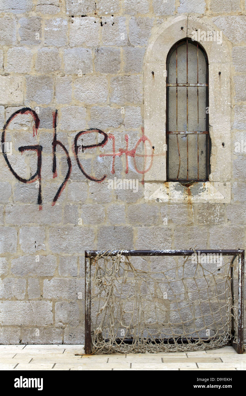 Backstreet graffiti, football goal and window in Dubrovnik, Croatia ...