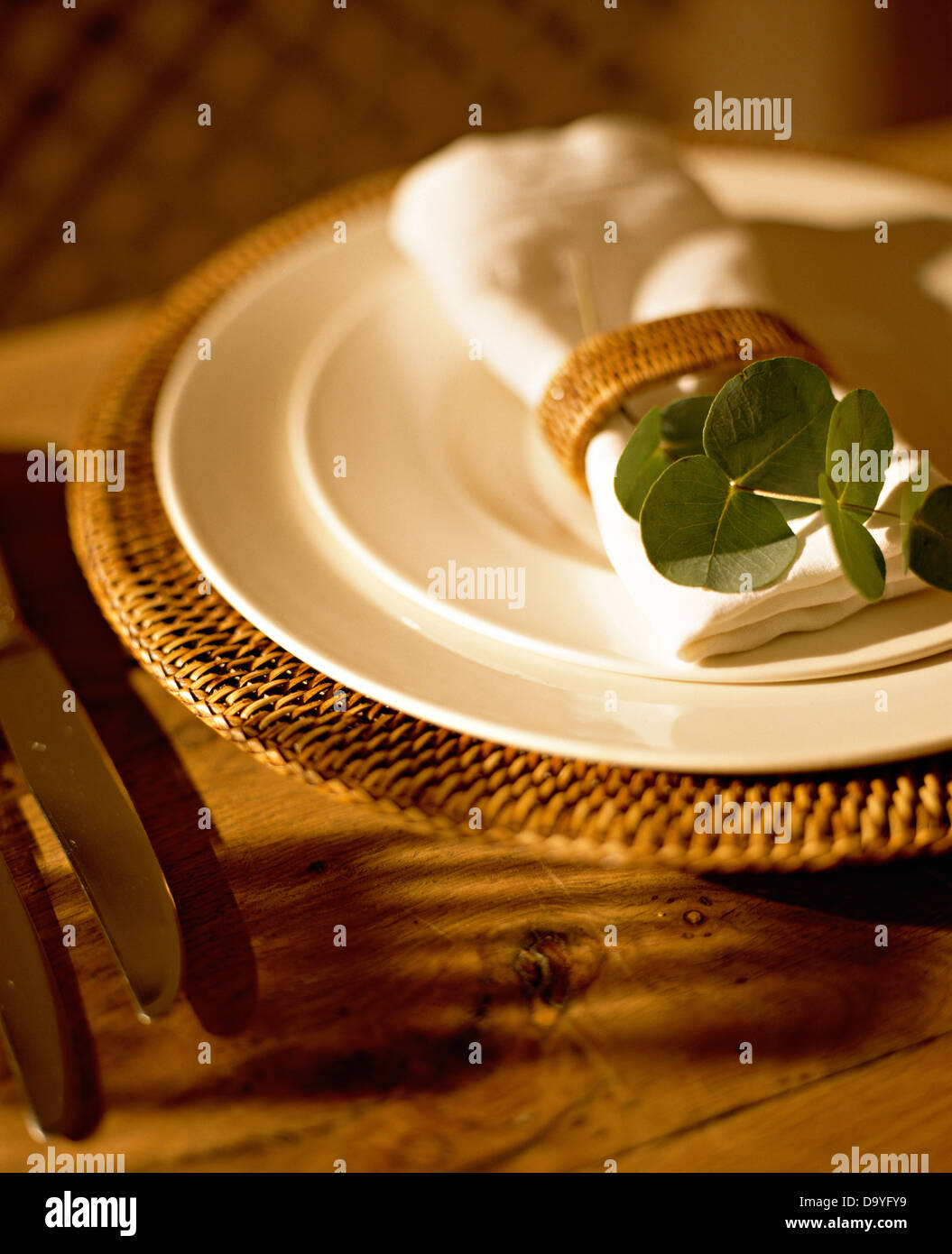 Dining room detail with single place setting, white plates on a basket ...