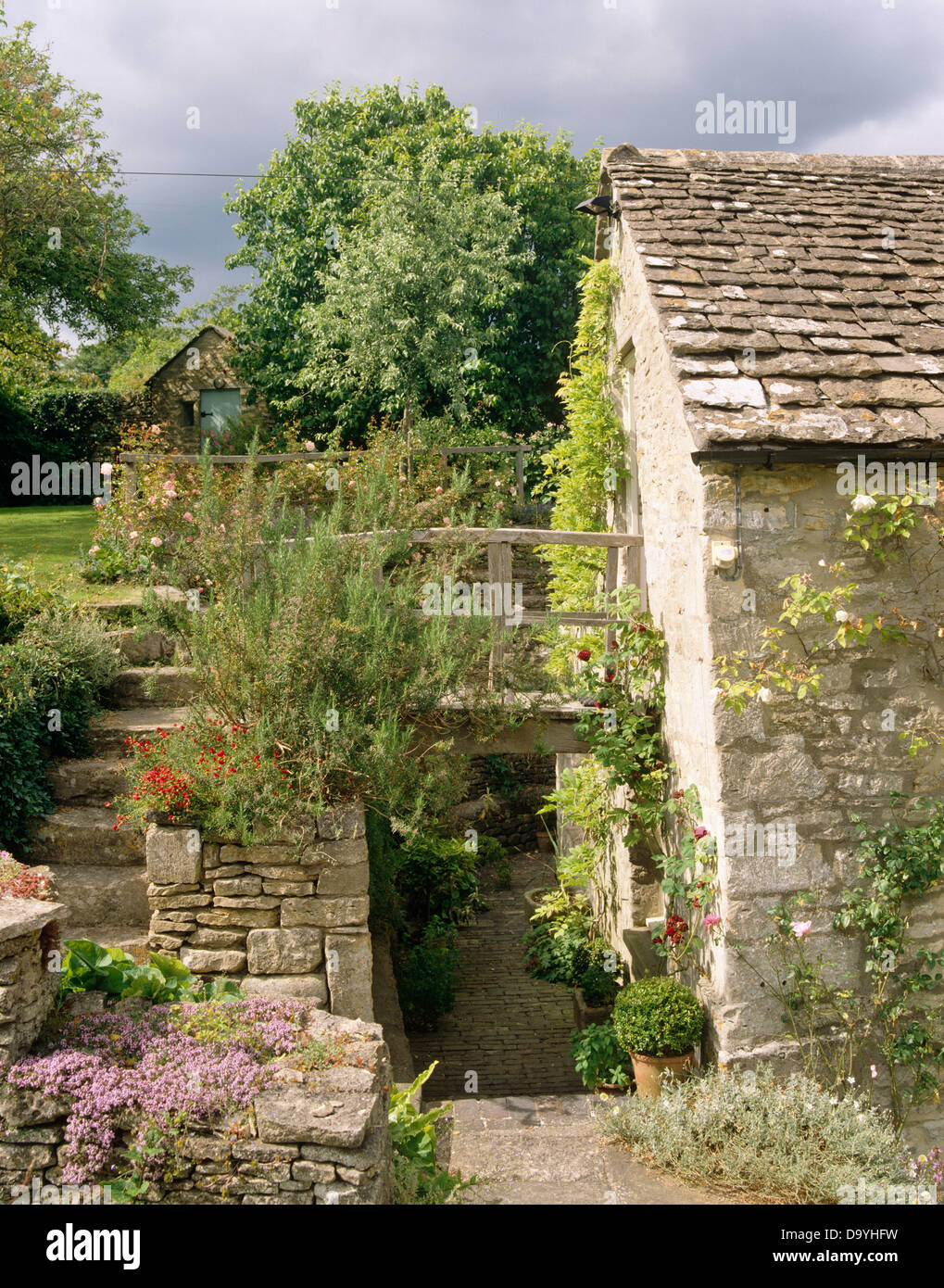 Hillside garden in summer with small wooden bridge linking stone steps ...