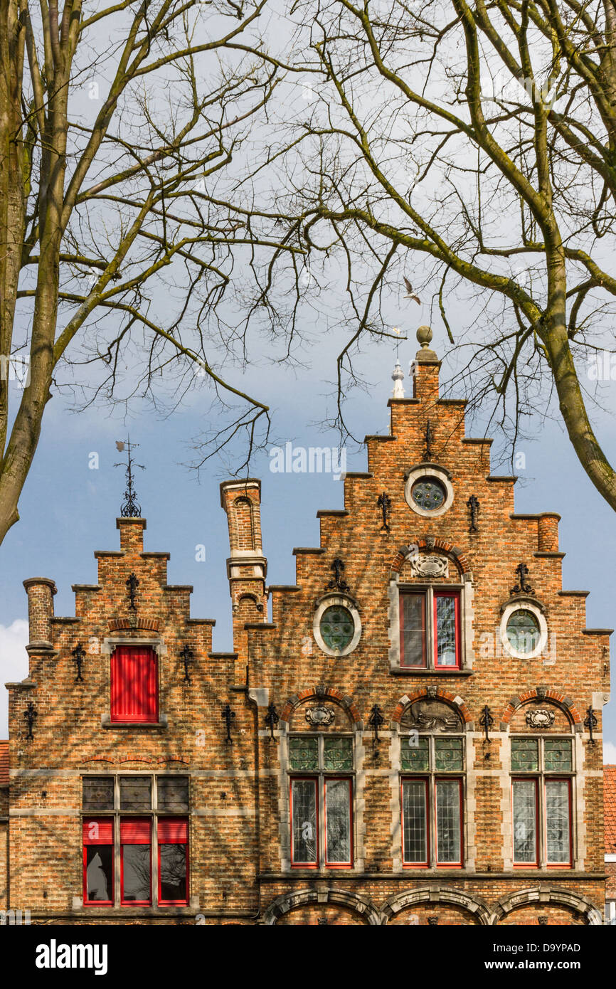 Medieval stepped gable buildings in romantic Bruges Stock Photo - Alamy