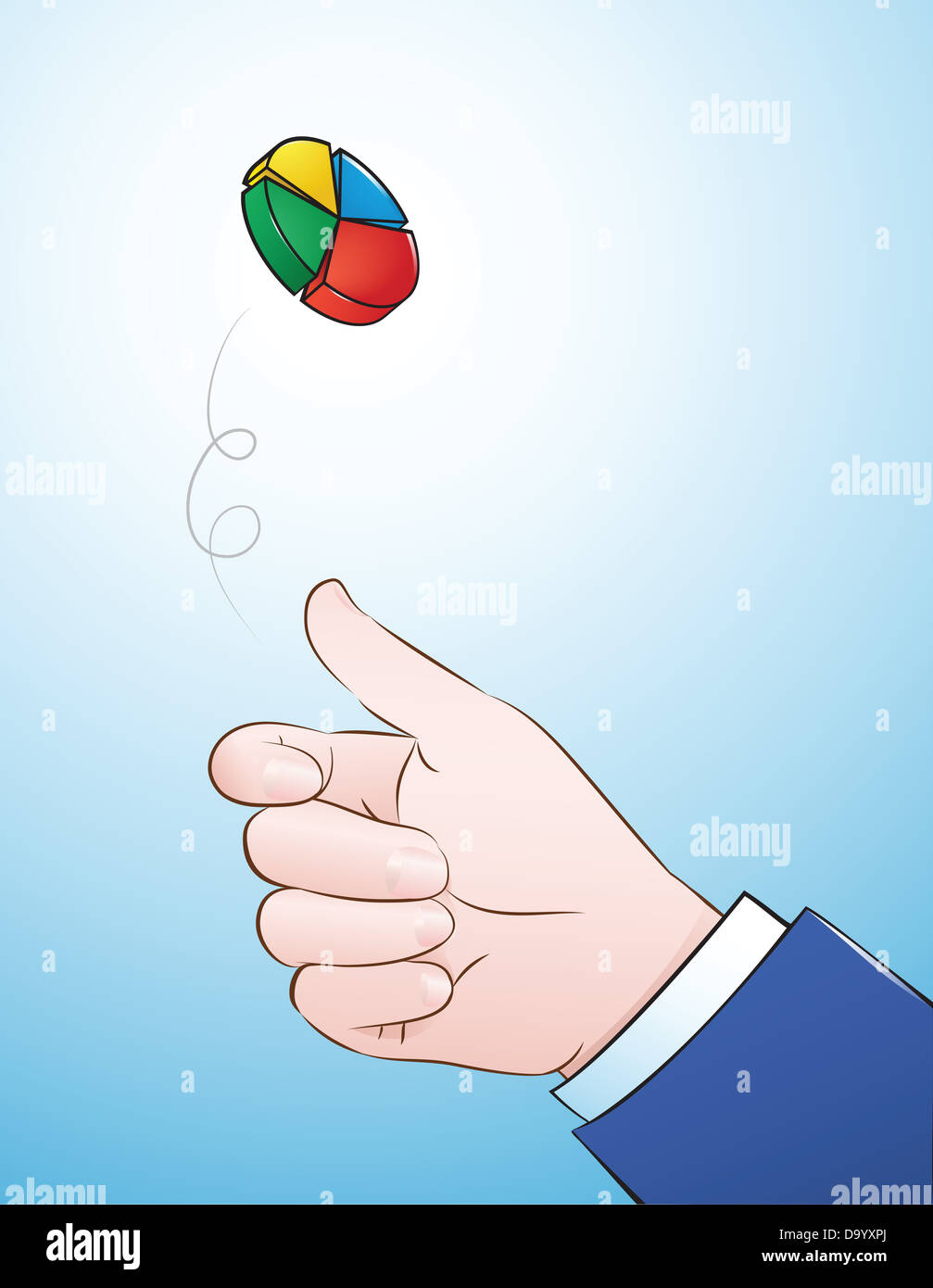 vector illustration of a hand flipping a pie chart coin Stock Photo - Alamy