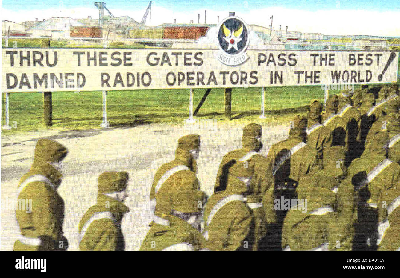 This image is a World War II-era postcard from Scott Air Force Base ...