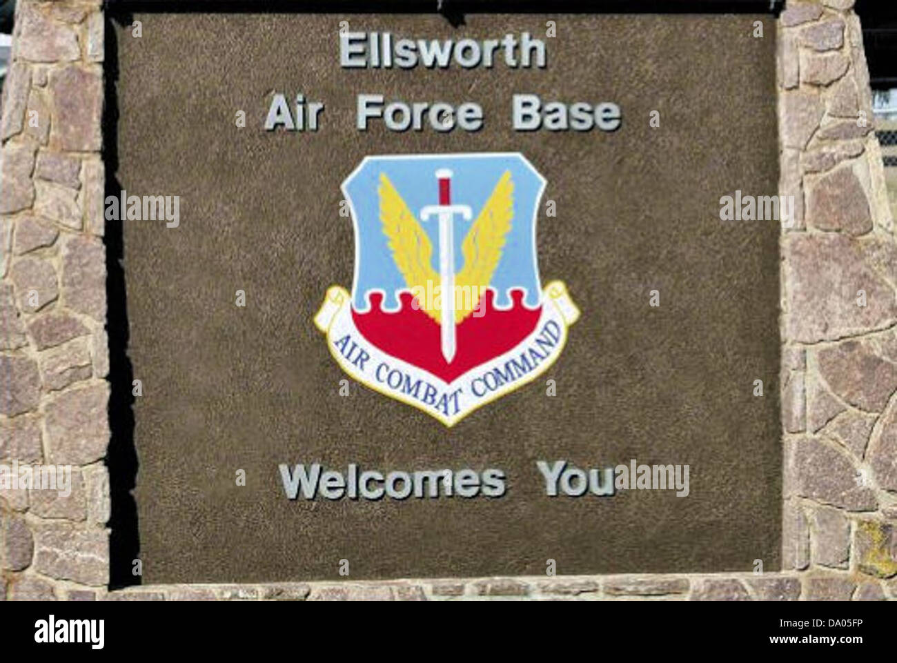 The main gate sign at Ellsworth Air Force Base in South Dakota marks ...