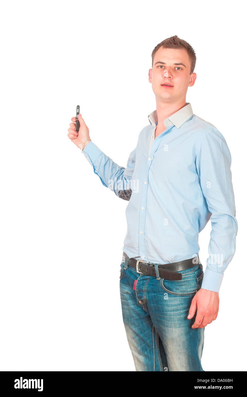 young man with a pointer in hand closeup isolated on white background ...