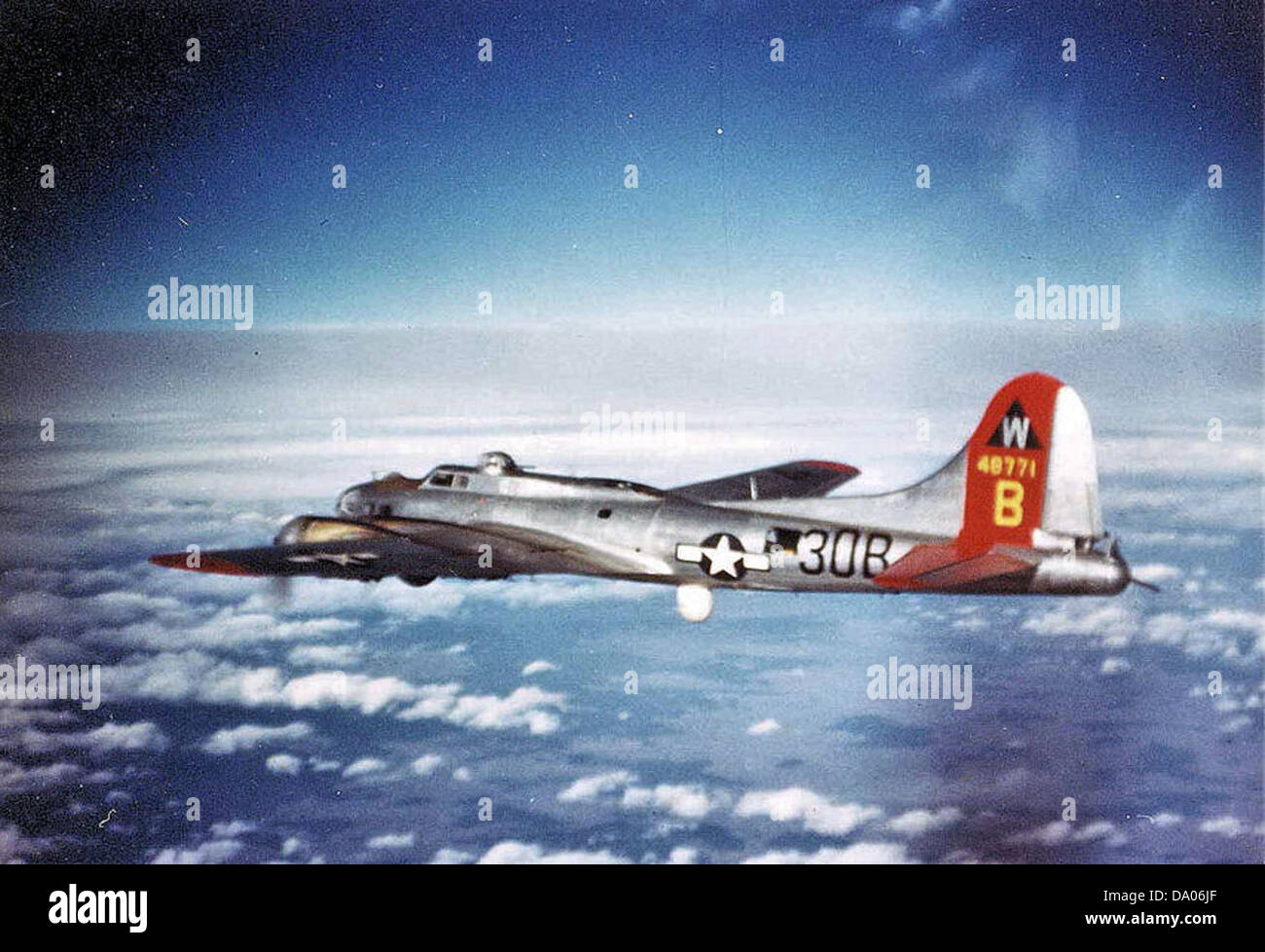 A B-17 bomber from the 398th Bomb Group, photographed in 1945. The B-17 ...