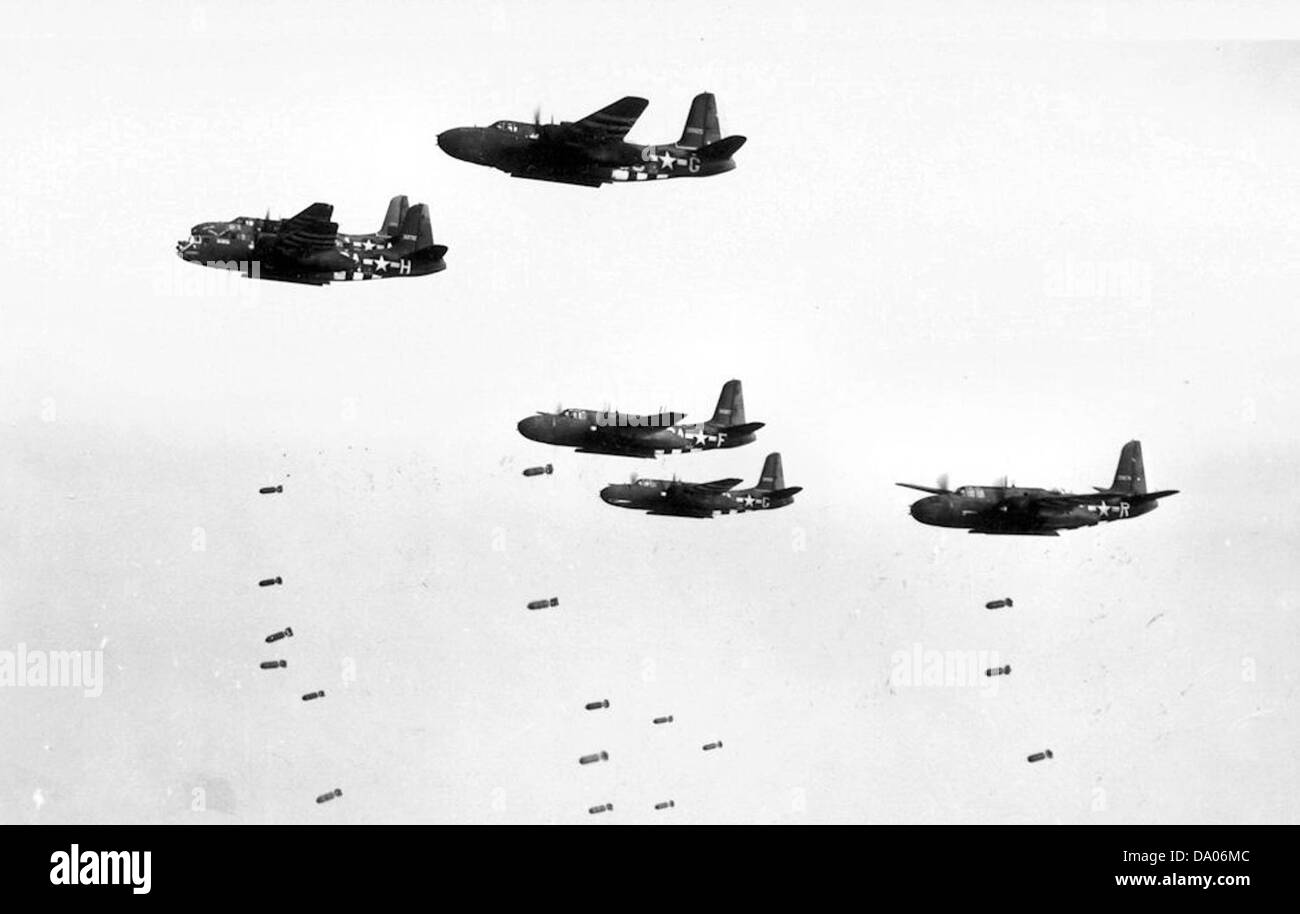 This photograph depicts a flight of A-20 aircraft from the 416th ...
