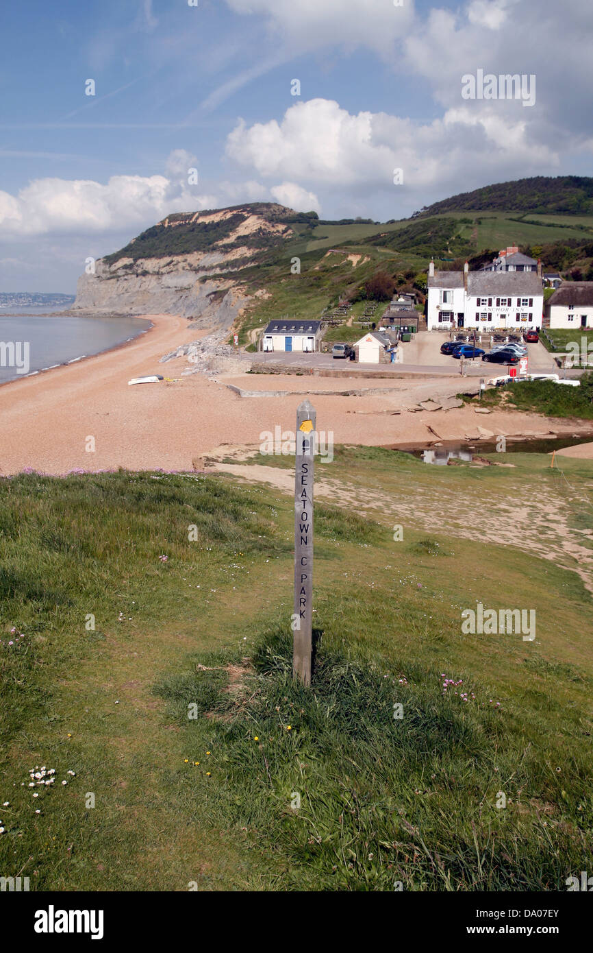 Coast Path signing Golden Cap and Anchor Inn Seatown Dorset England UK ...