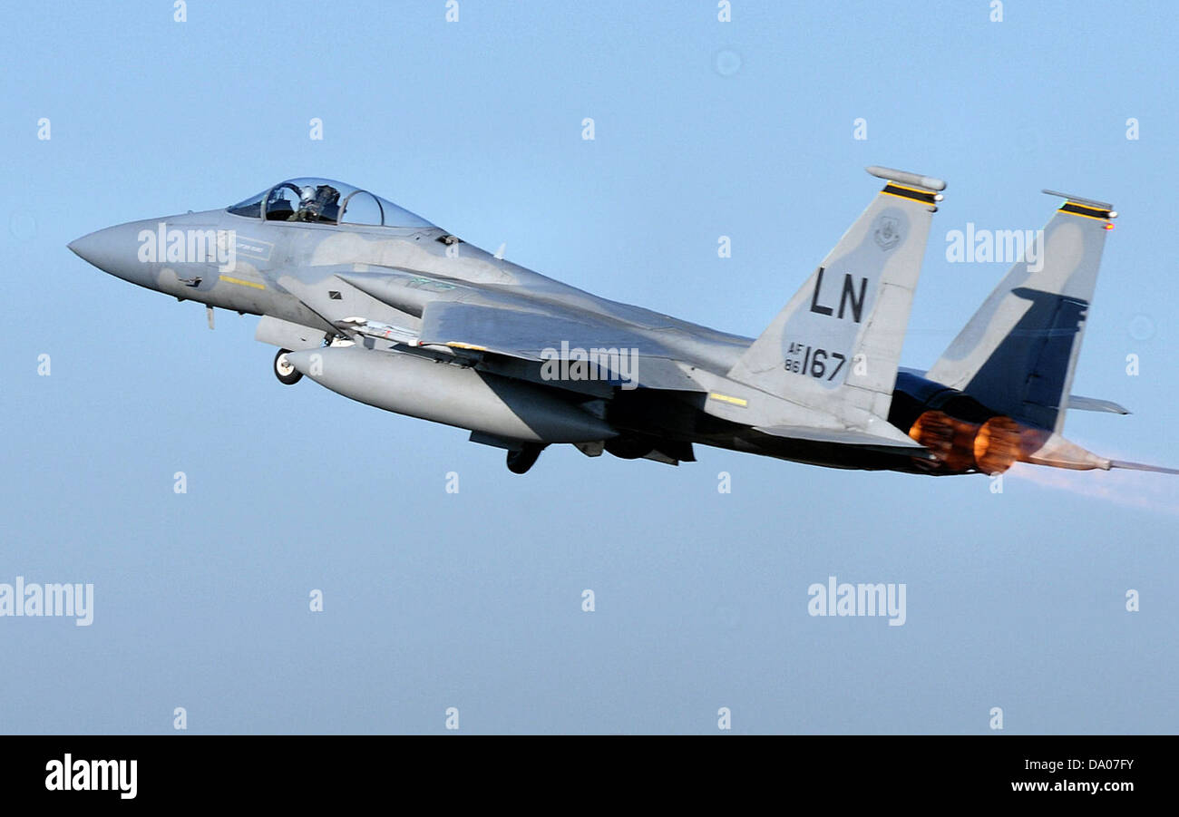 An F-15 fighter jet from Lakenheath Air Base, known for its role in air ...