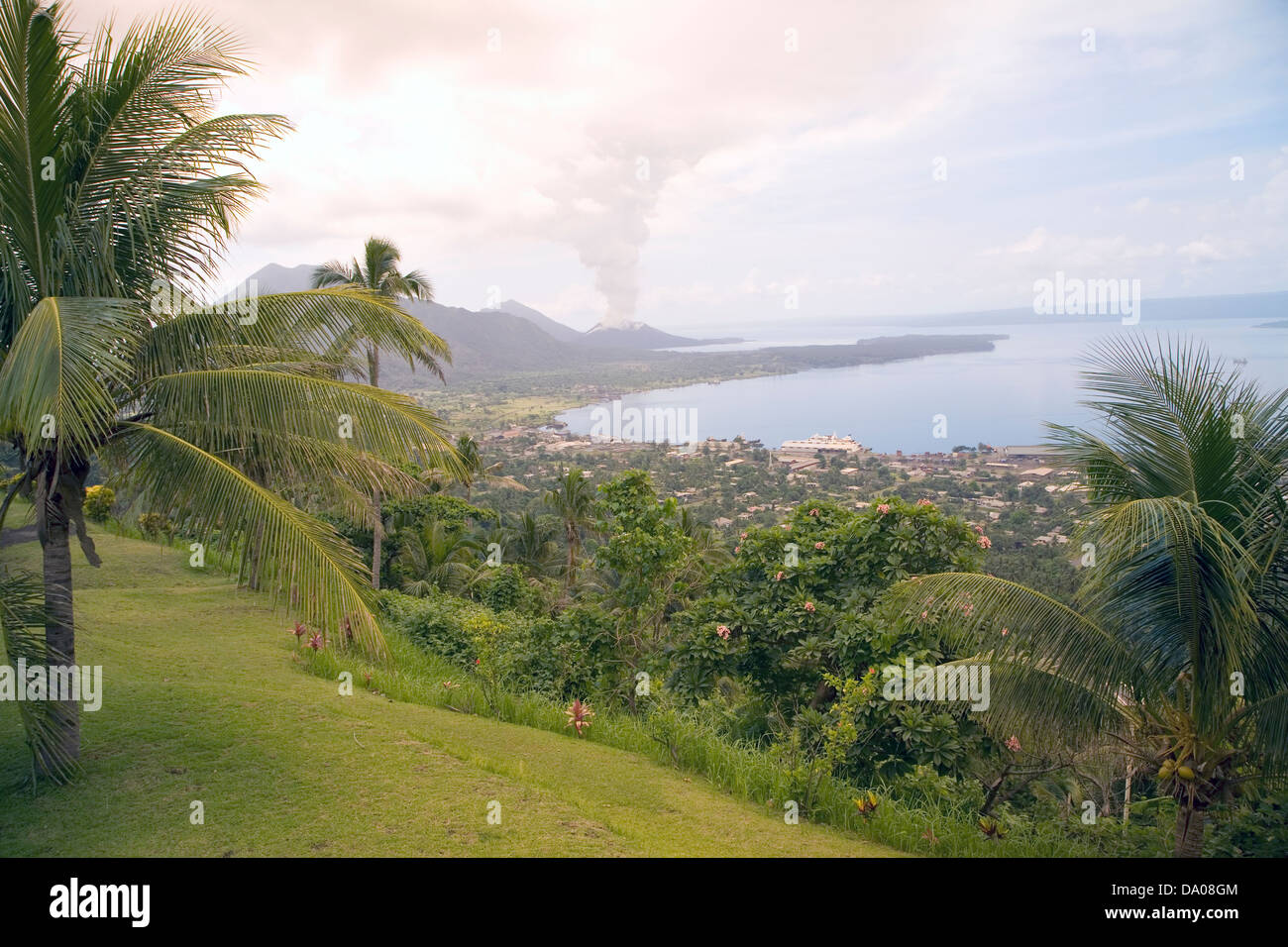 Scenic overview, Mt. Tavurvur (bkgd), Rabual, New Britain Island, Papua ...