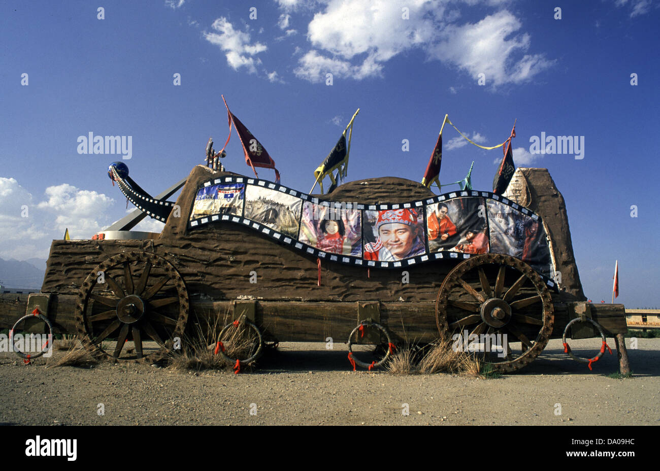 An old film set installation decorated with flags and posters at the ...