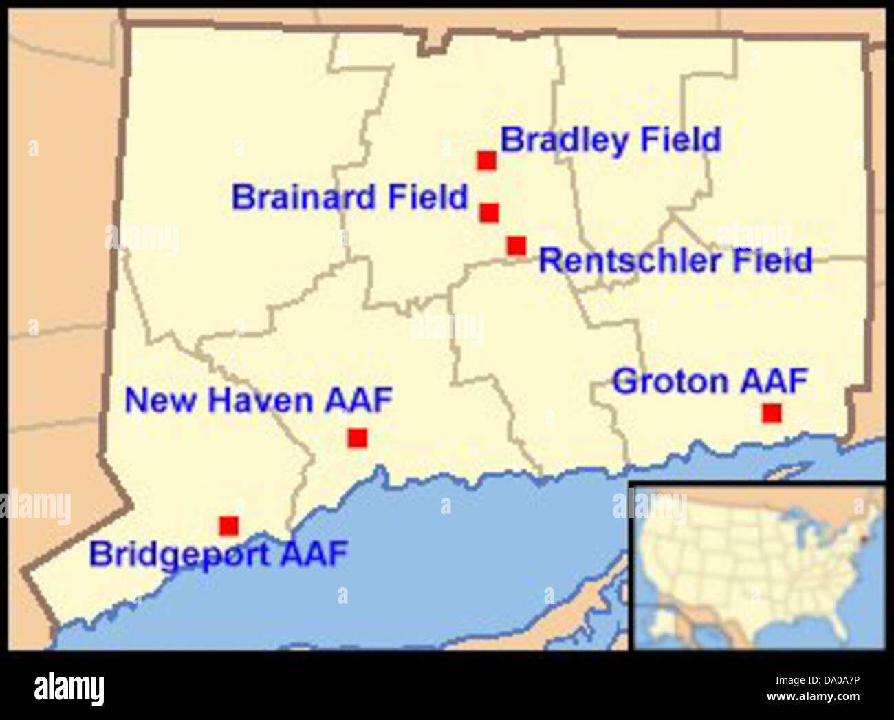 A map of Connecticut’s Army Air Forces (AAF) installations, showing ...