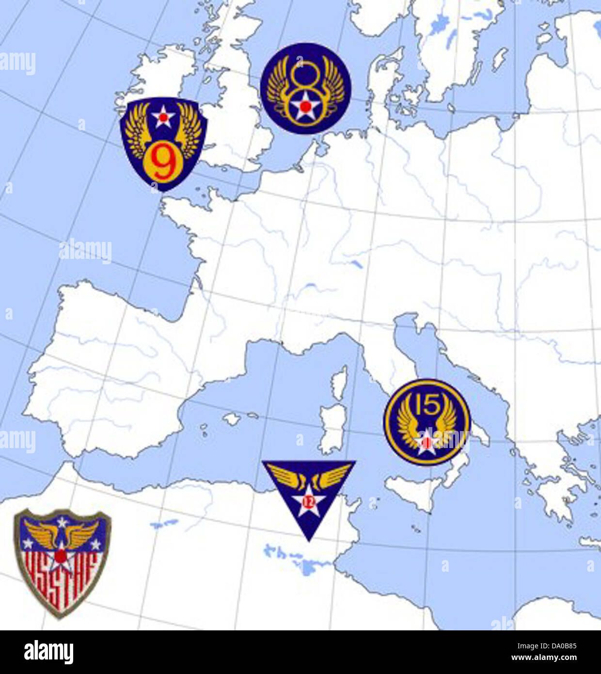 The USSTAF (United States Strategic Air Forces) area map outlines the ...