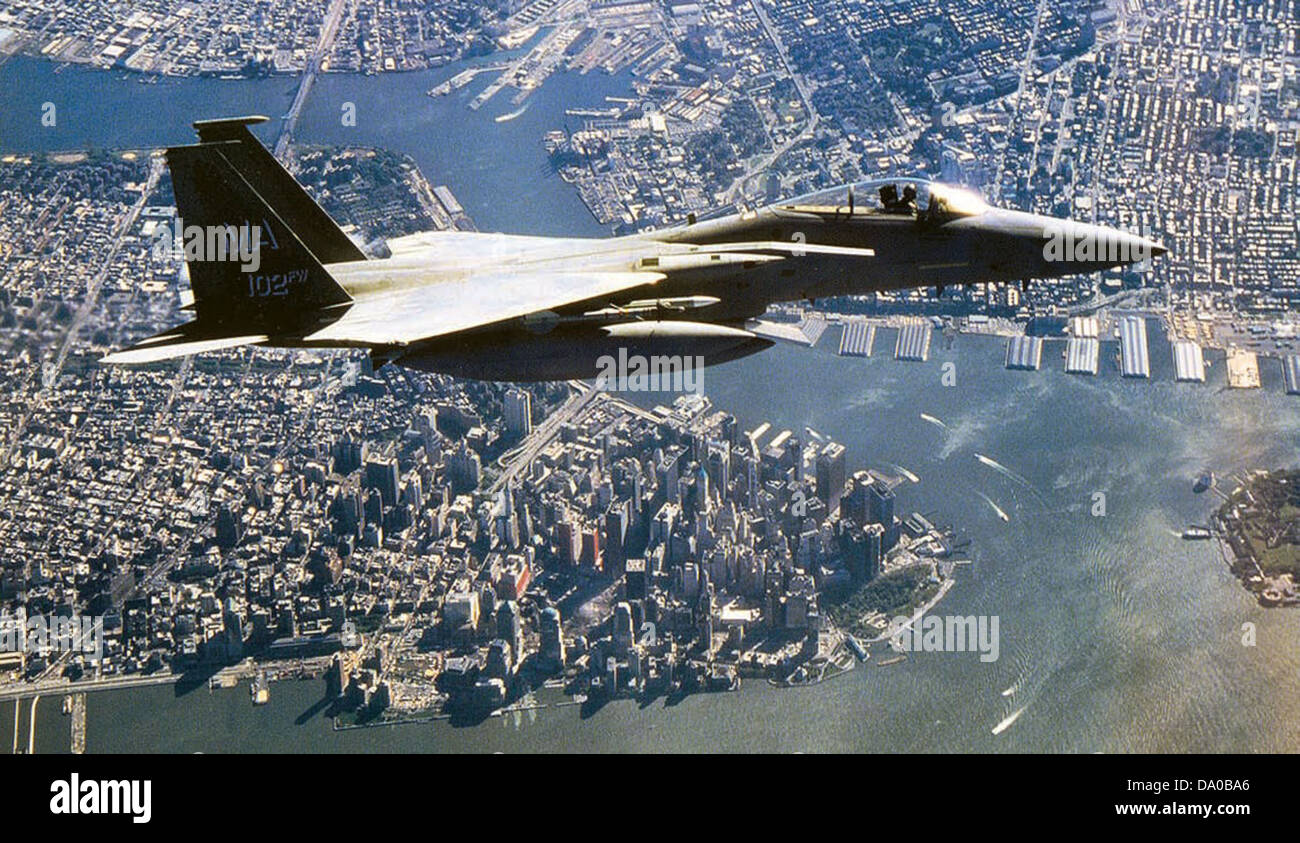 The 102nd Fighter Wing, operating the F-15, flies over New York City in ...
