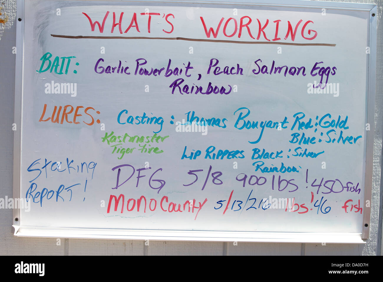 A sign showing what bait is working and a fish stocking report for Gull ...