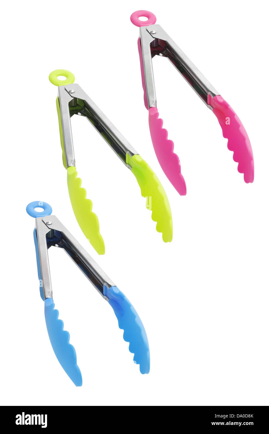 Colorful Kitchen Tongs On White Background Stock Photo - Alamy