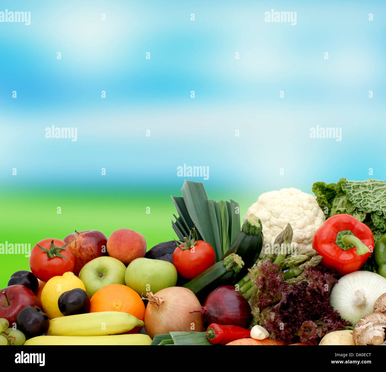 Fruit an vegetables on a blur background of a landscape of sky and ...