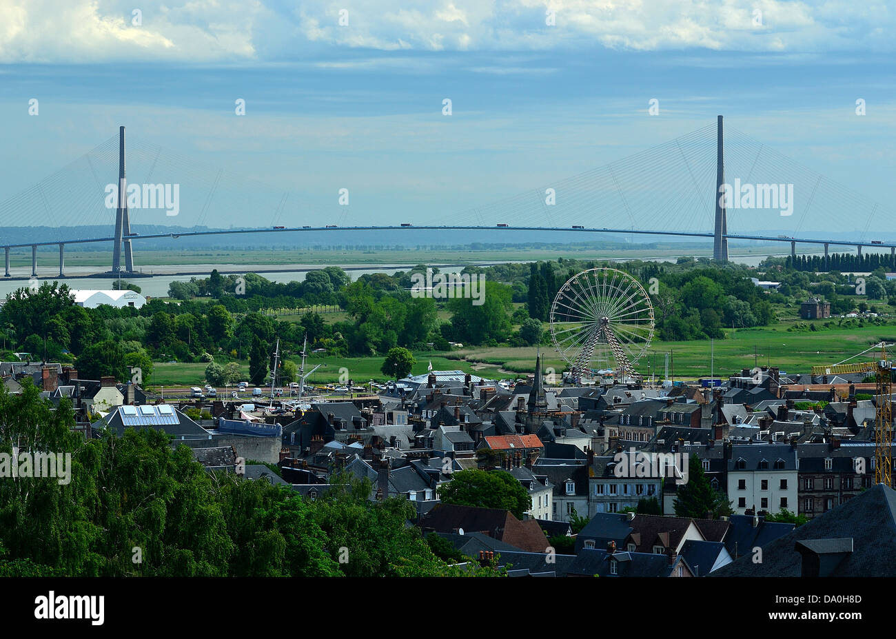 The Seine river, Normandy bridge, and the old city of Honfleur ...