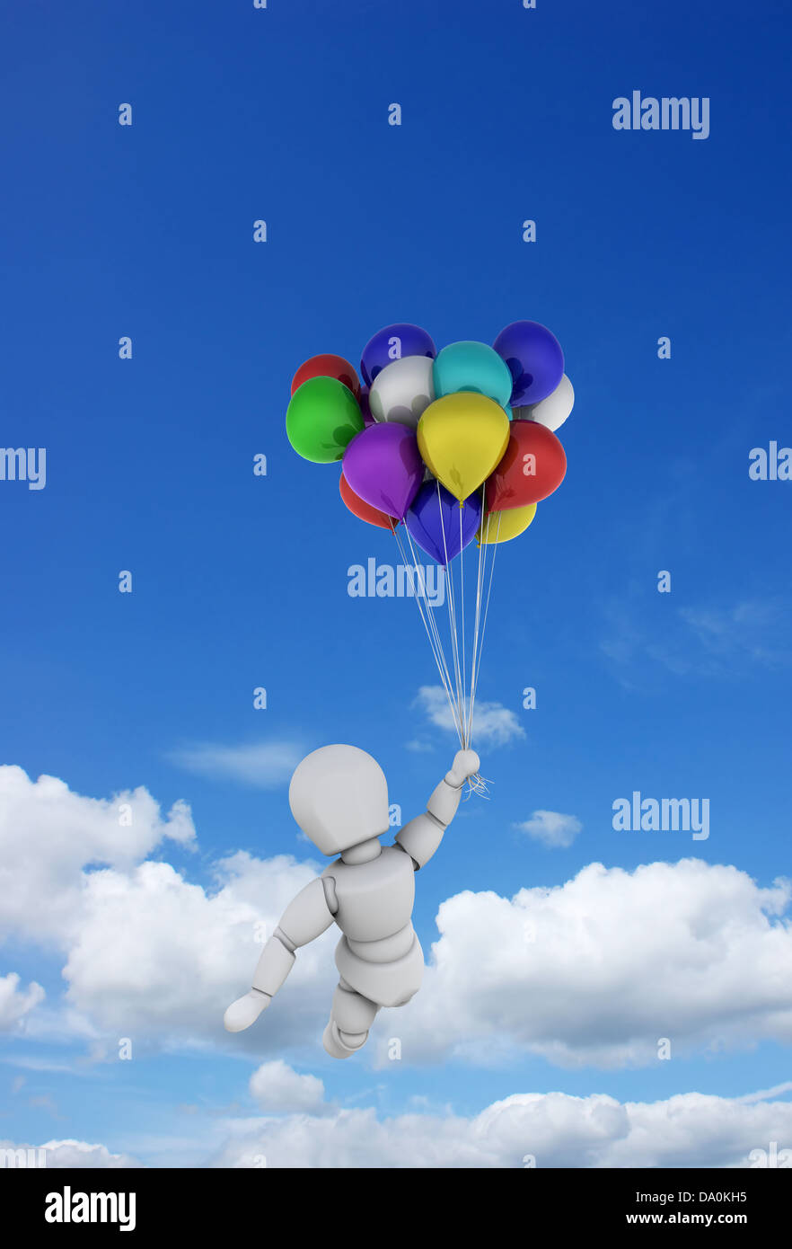 3D render of a white character floating in the sky with a bunch of ...