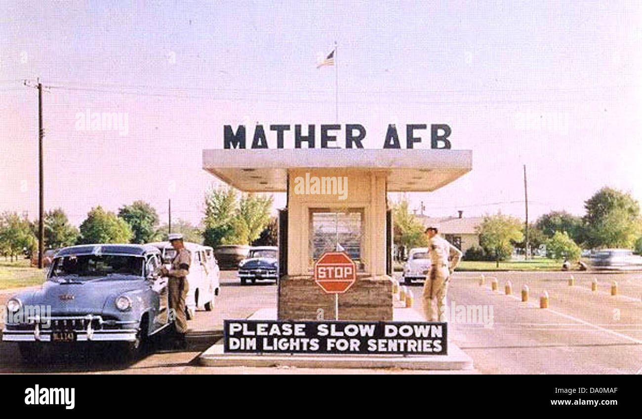 The main gate of Mather Air Force Base, photographed in 1955, marked ...