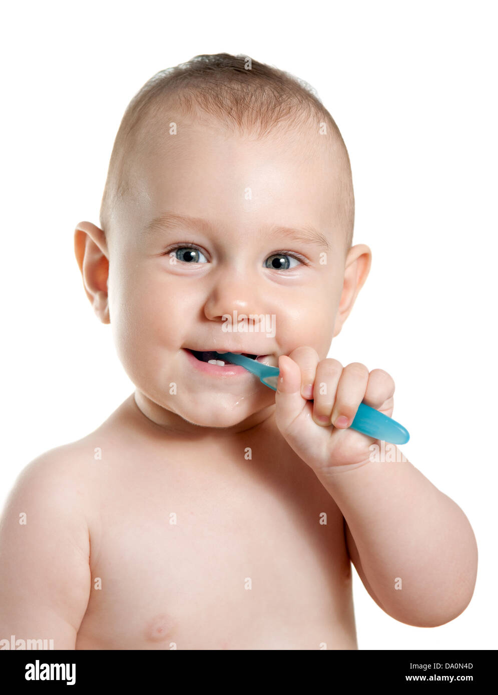 Baby boy cleaning teeth. White background Stock Photo - Alamy