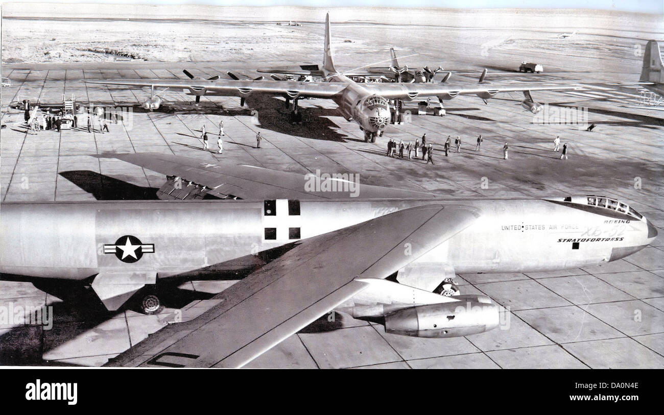 The YB-52 and B-36 aircraft are shown at Carswell Air Force Base, a ...