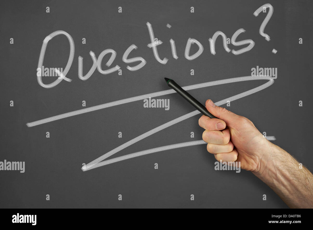 Mans hand pointing to a questions message on a chalkboard Stock Photo ...