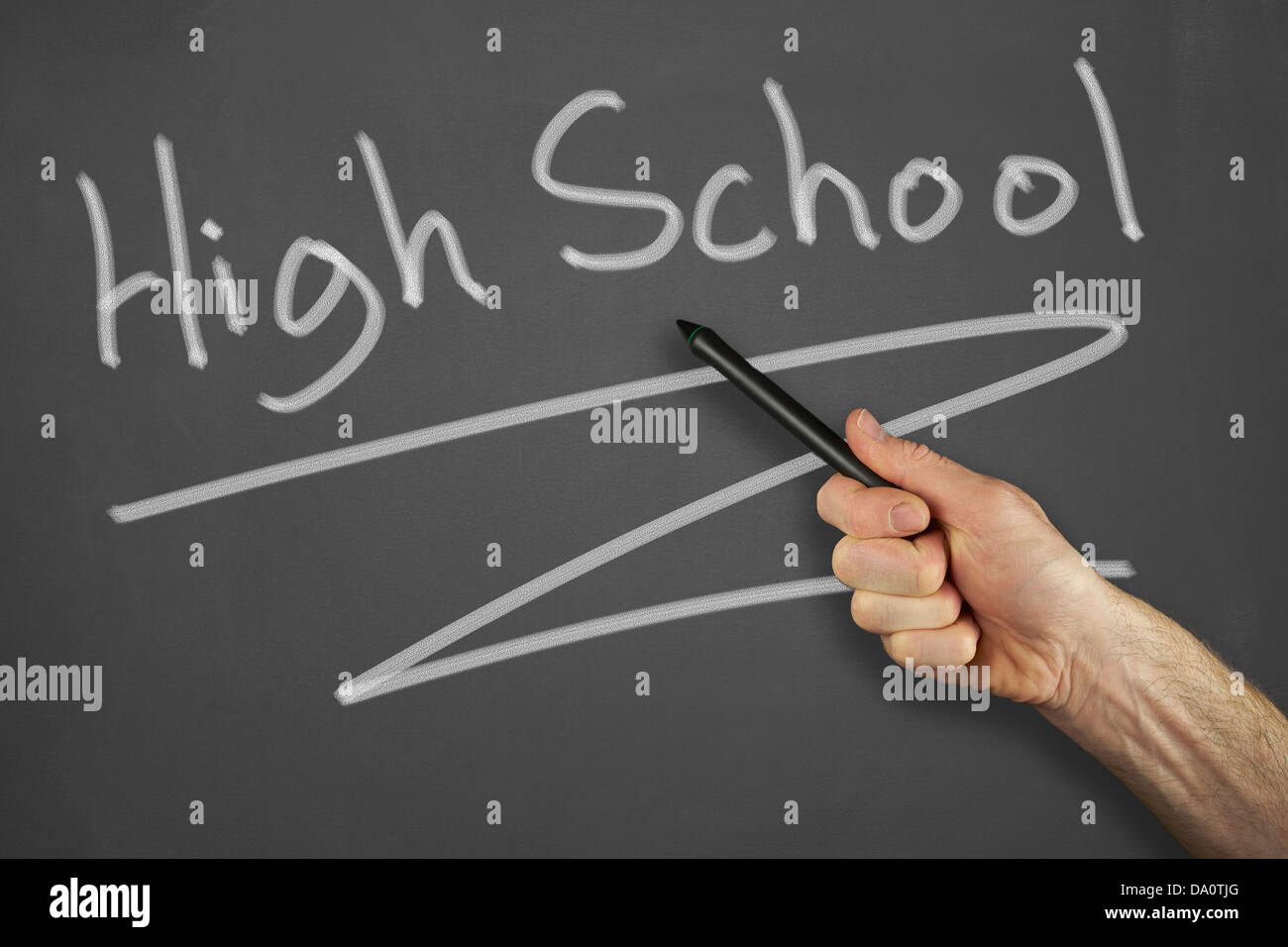 Mans hand pointing to a high school message on a chalkboard Stock Photo ...
