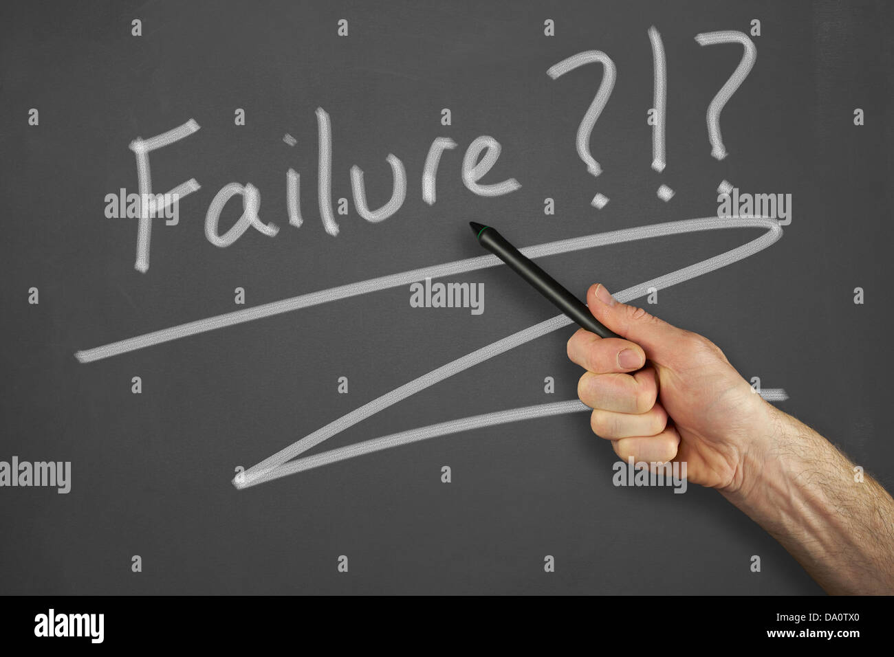 Mans hand pointing to a failure message on a chalkboard Stock Photo - Alamy