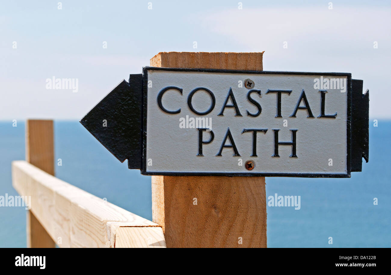 A coastal path sign on the south west coast path near Porthleven in ...