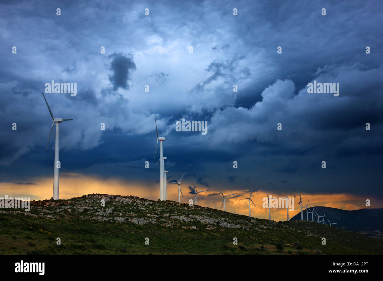 Storm coming at a wind farm in Evia (Evvoia) island, Central Greece ...