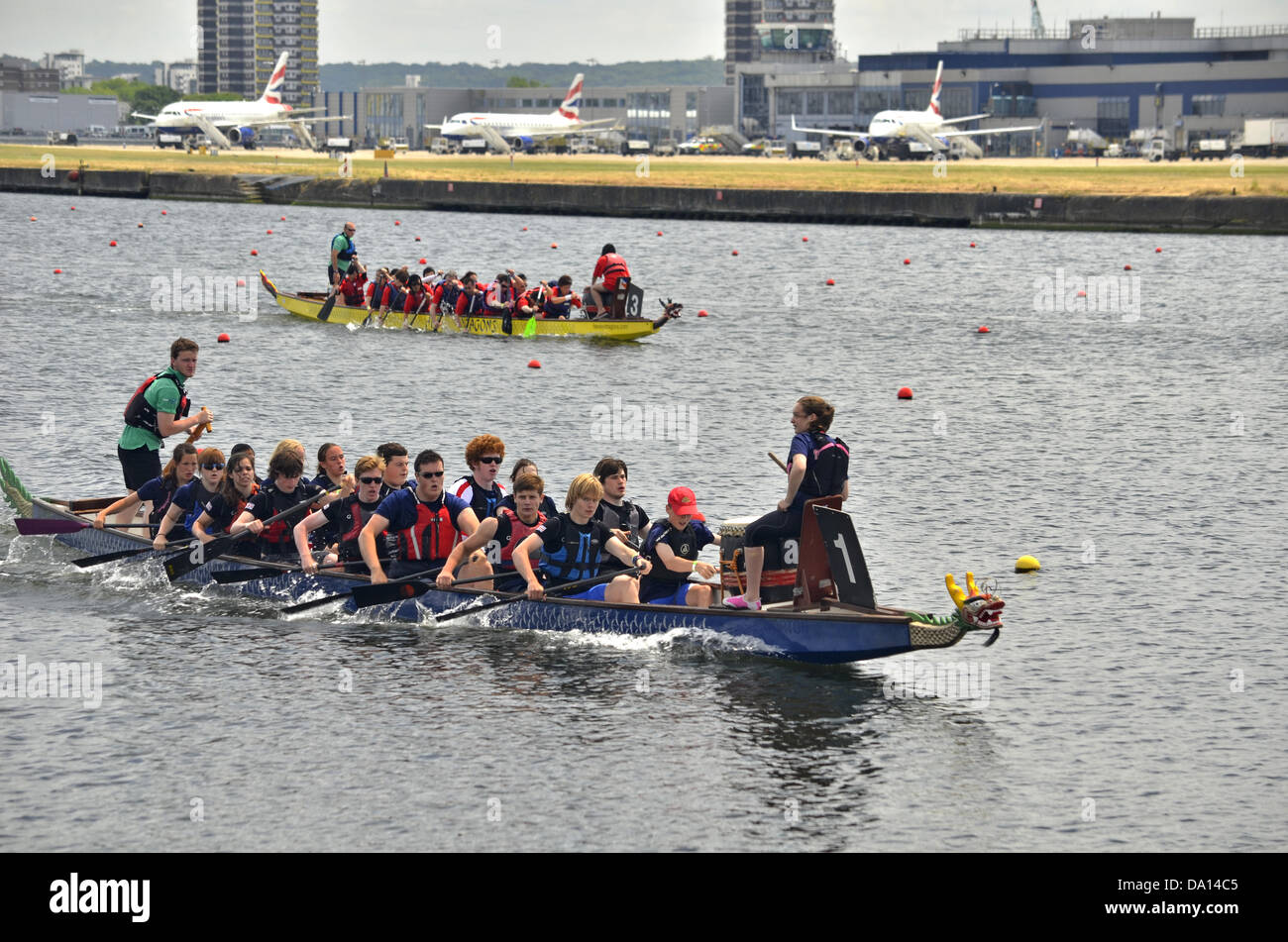 London, UK. 30th June, 2013. Dragon boats race on Royal Albert Dock ...