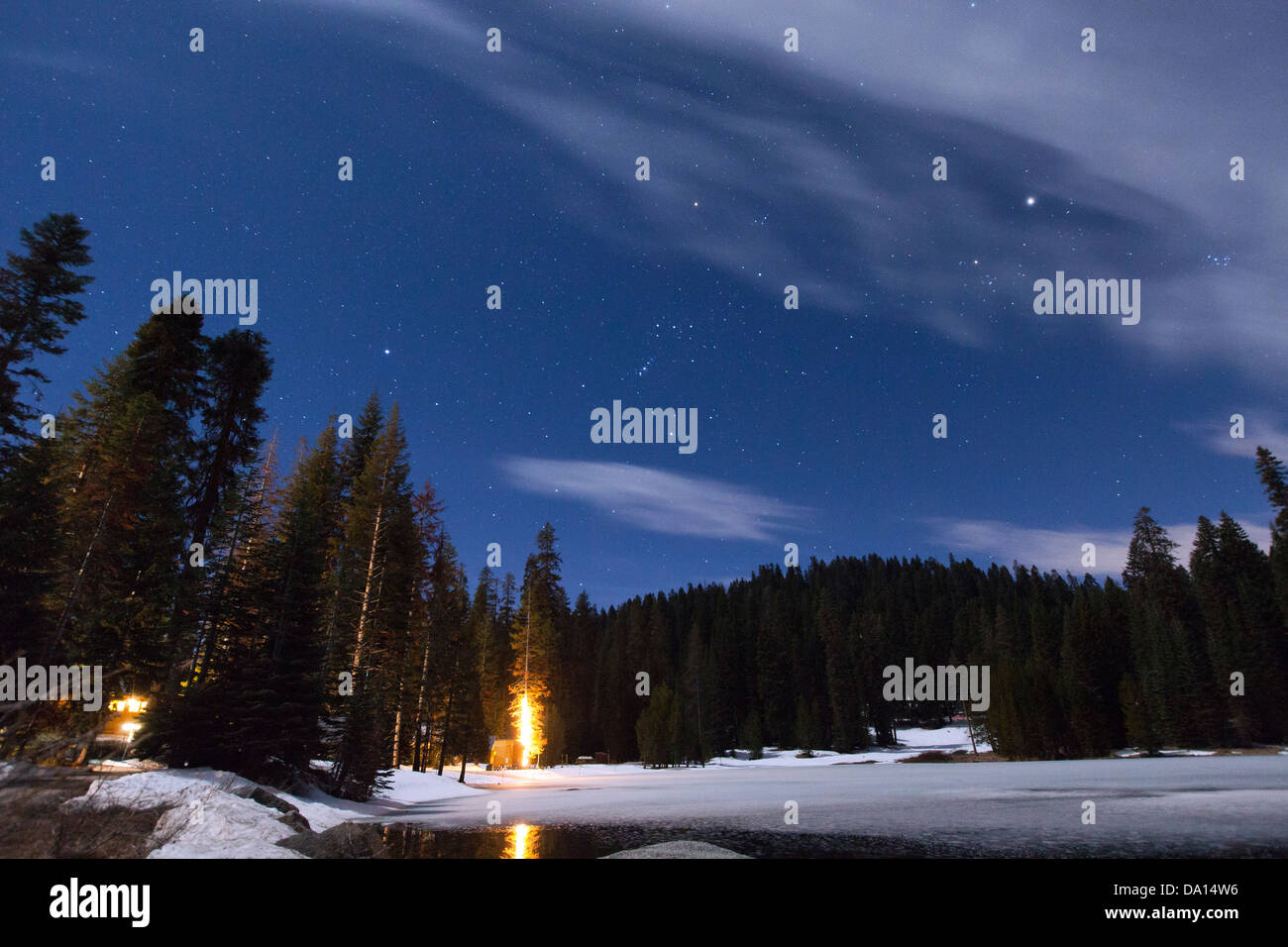 Night view of a lake outside Montecito Sequoia Lodge, Sequoia National ...