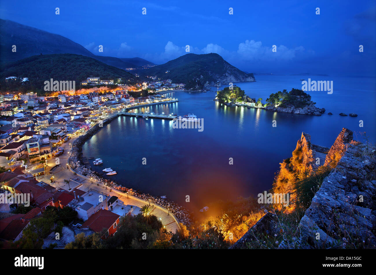 Panoramic night view of Parga town and the islet of Panagia from the ...