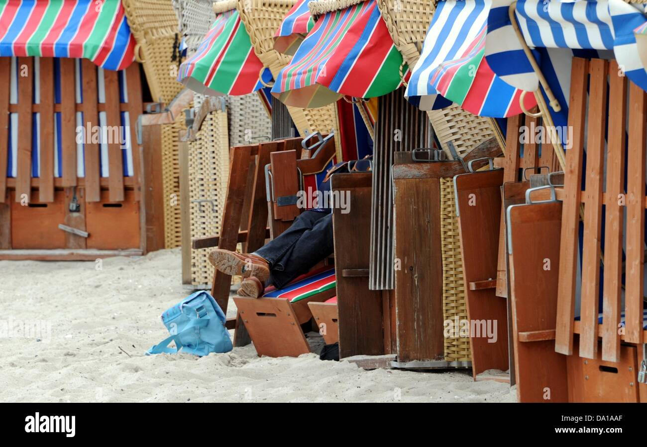 Most beach chairs are empty at the beach of Heikendorf, Germany, 30 ...