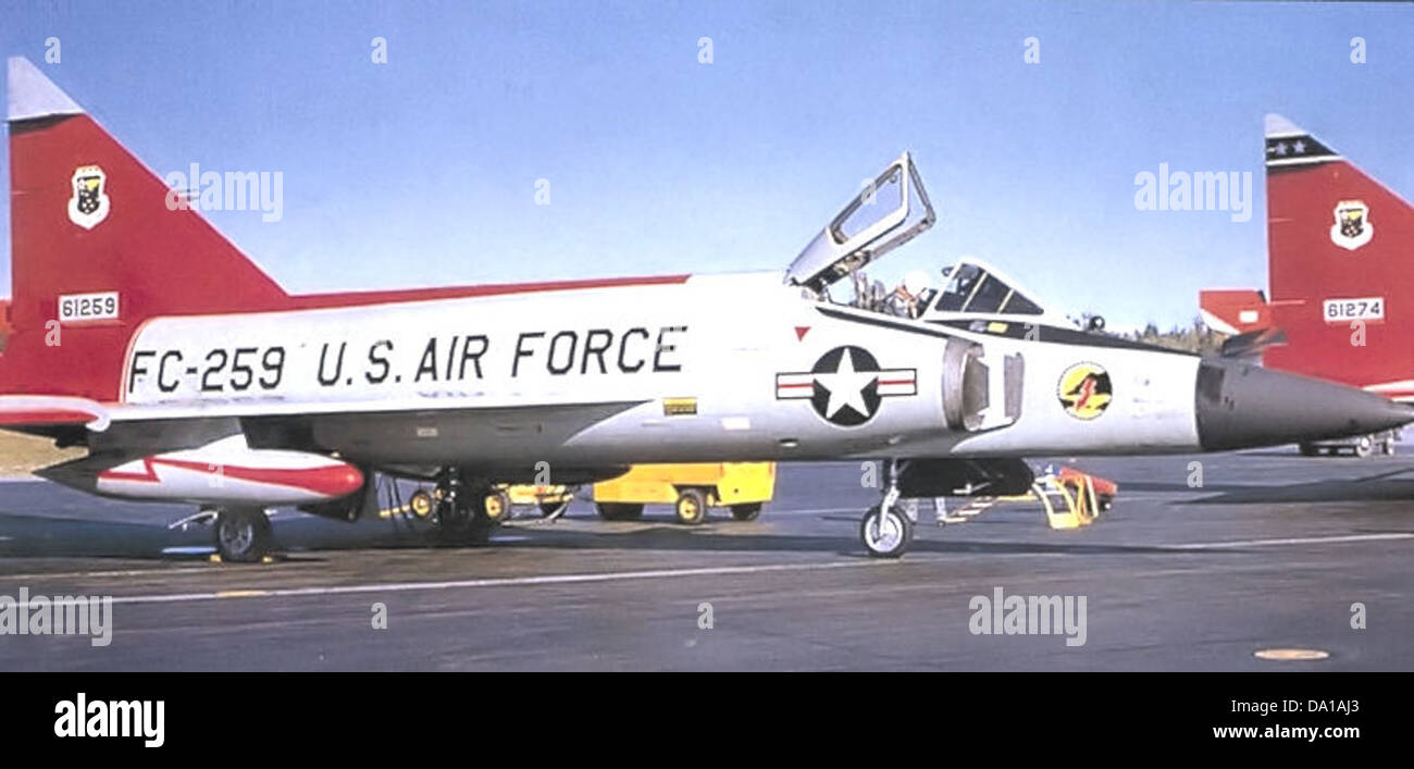 F-102 Delta Dagger aircraft in flight at Elmendorf Air Force Base. The ...