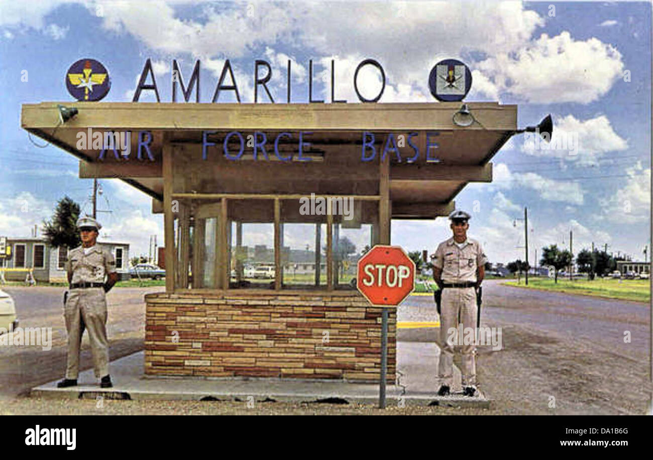 The postcard shows the front gate of Amarillo Air Force Base, a ...
