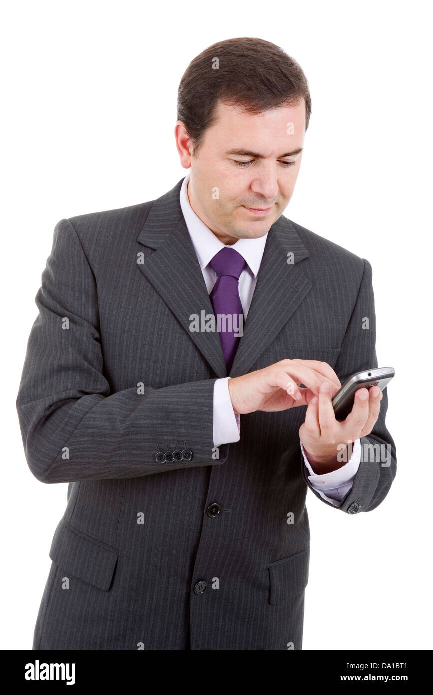 young business man looking worried to his phone, isolated Stock Photo ...