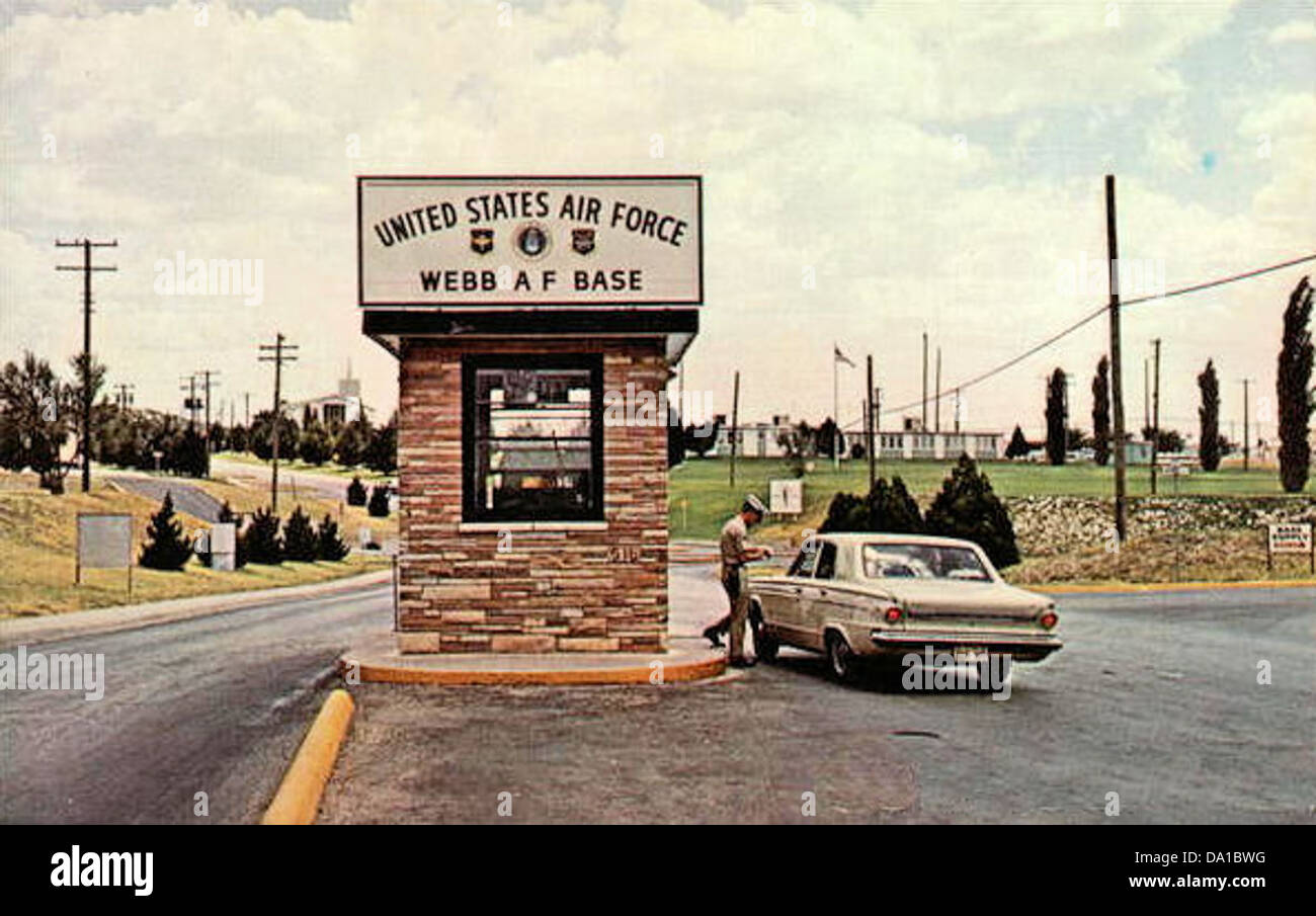 The Webb Air Force Base postcard features the main gate of the base, a ...