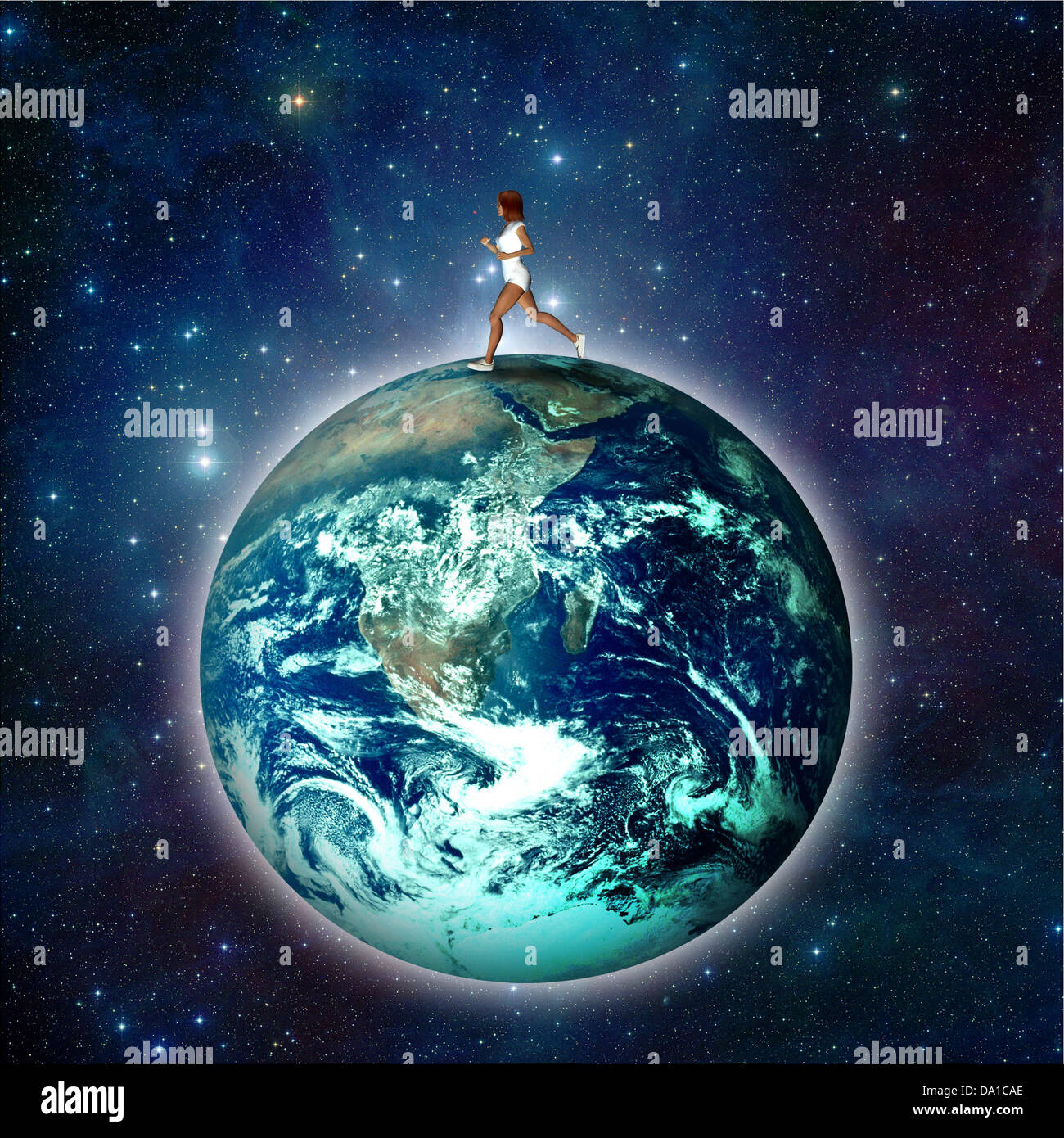 woman running around the earth globe Stock Photo - Alamy