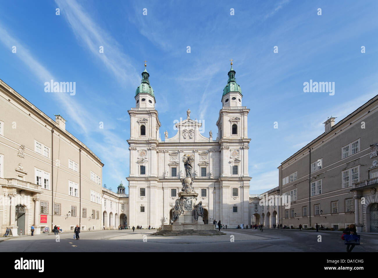 Austria, Salzburg, View of Domplatz square and Marian column at old ...