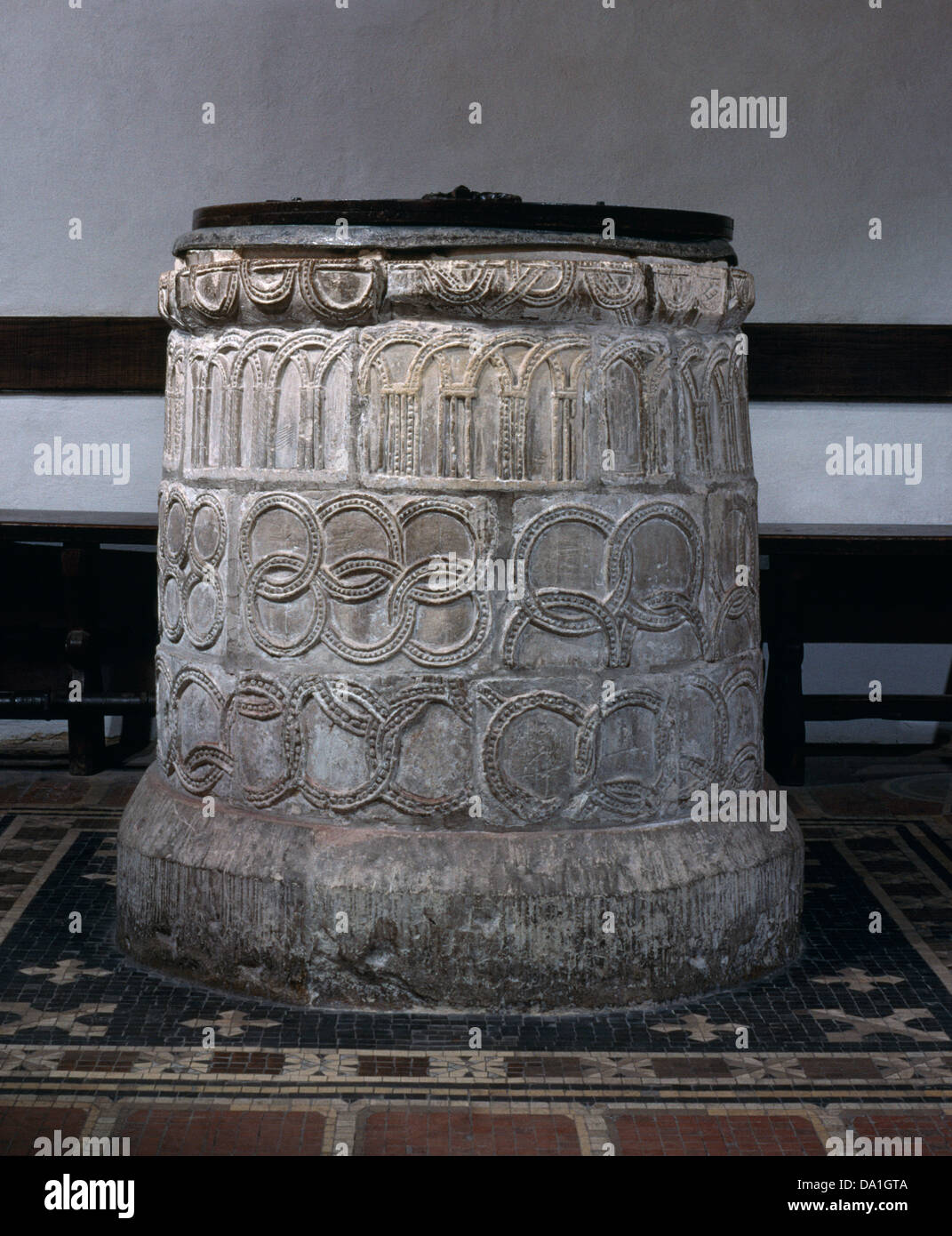 Saxon font in baptistery of St Martin's Church, Canterbury. Used for ...