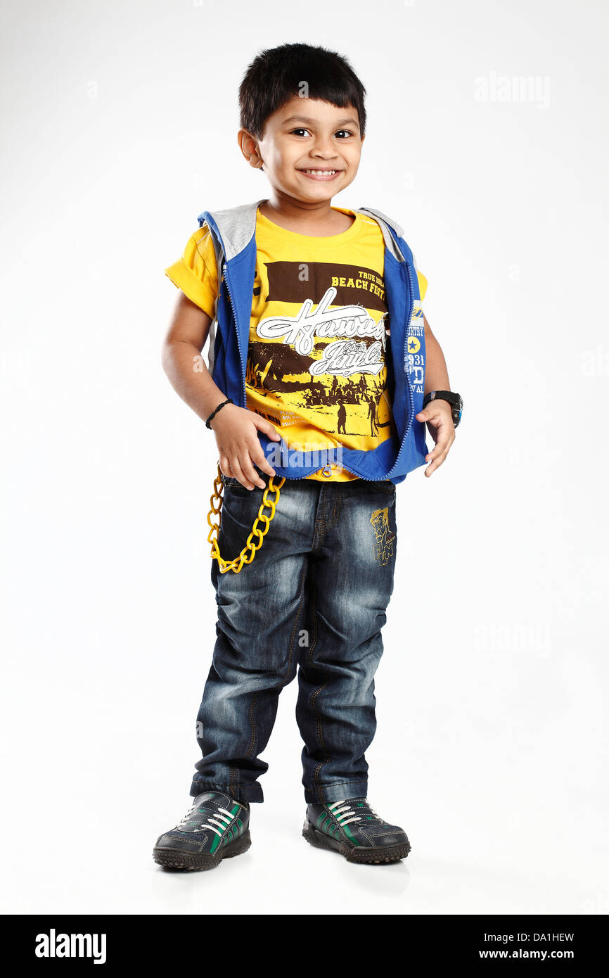 Little Indian kid is giving happy expression with stylish clothes Stock ...