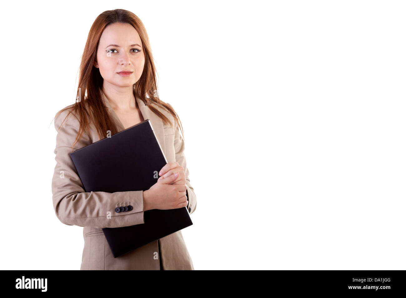 Beautiful secretary with folder in hands isolated on white background ...