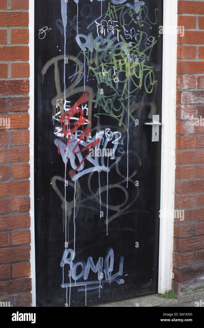 Back door / Back gate with lots of multi coloured / colored spray ...