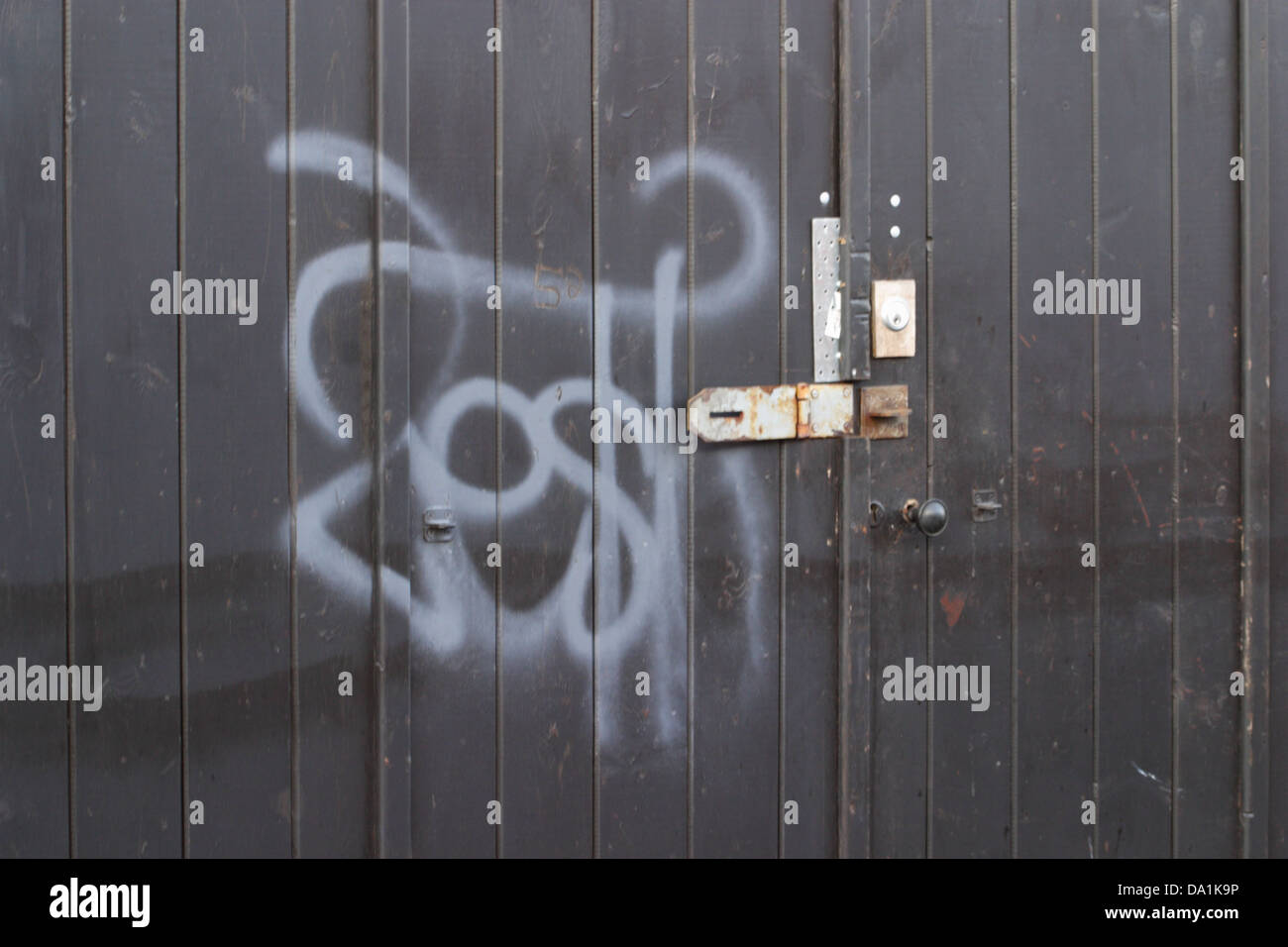 Wooden Back Gate with spray painted grafitti, aoso shows hasp and ...