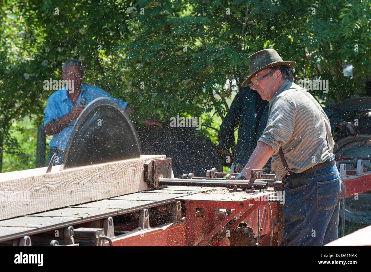 A man working a traditional sawmill at the Royal Cornwall Show UK Stock ...