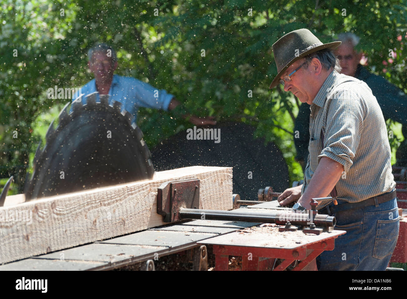 A man working a traditional sawmill at the Royal Cornwall Show UK Stock ...