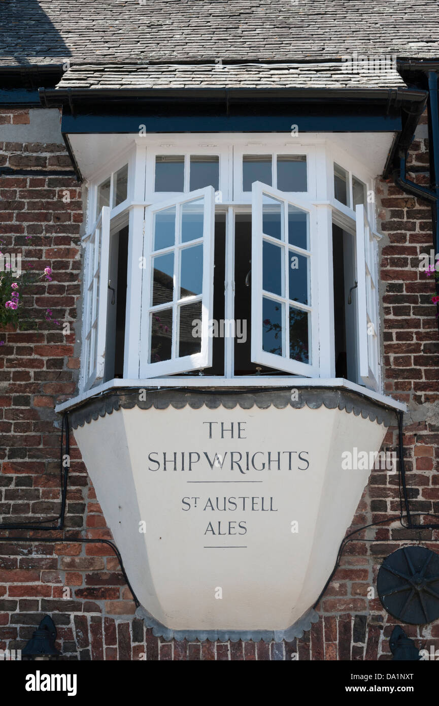 A decorative window and sign at the old Shipwrights pub in Padstow ...