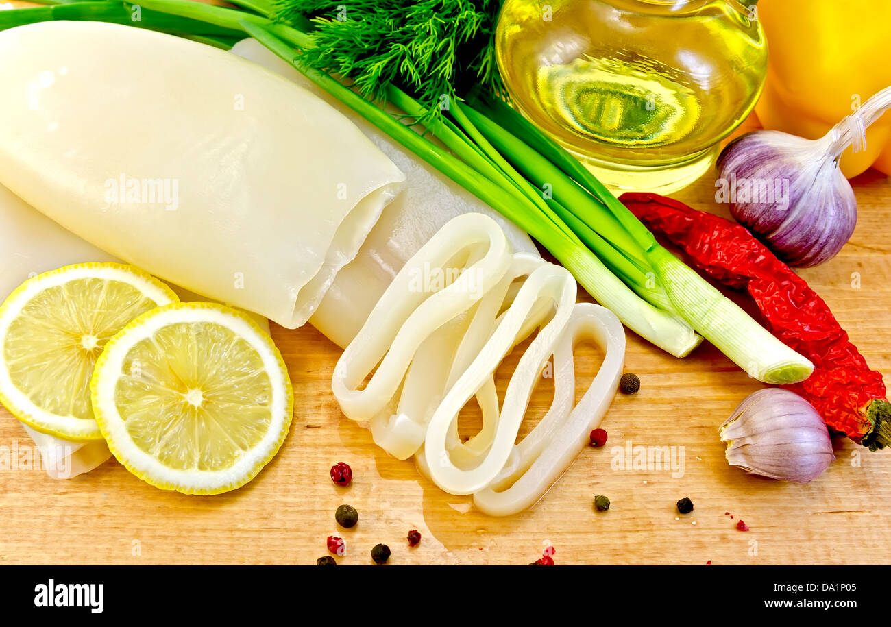 Squid whole and sliced ring, lemon, chives, dill, garlic, different ...